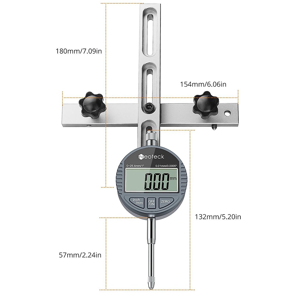 Neoteck 0-1'' Digital Dial Indicator Table Saw Gauge Suitable for Table Saws with a Groove Width of 3/4" (19mm) or more for Aligning and Calibrating Work,Shop Machinery,Band Saw and Drill Press-Silver