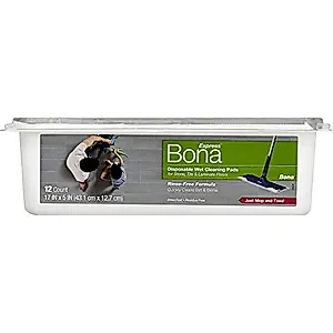 Bona Multi-Surface Floor Disposable Wet Cleaning Pads, for Stone Tile Laminate and Vinyl LVT/LVP, 12ct