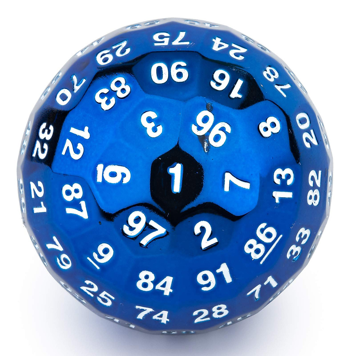 Single 100 Sided Polyhedral Metal Zinc Alloy Dice D100 dice Dungeon, Solid Blue Color with White Numbering (50mm)
