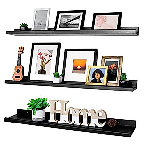 Annecy Floating Shelves Wall Mounted Set of 3, 36 Inch Black Rustic Wood Shelves for Wall, Wall Storage Shelves with Guardrail Design for Bedroom, Bathroom, Kitchen, Office, 3 Different Sizes