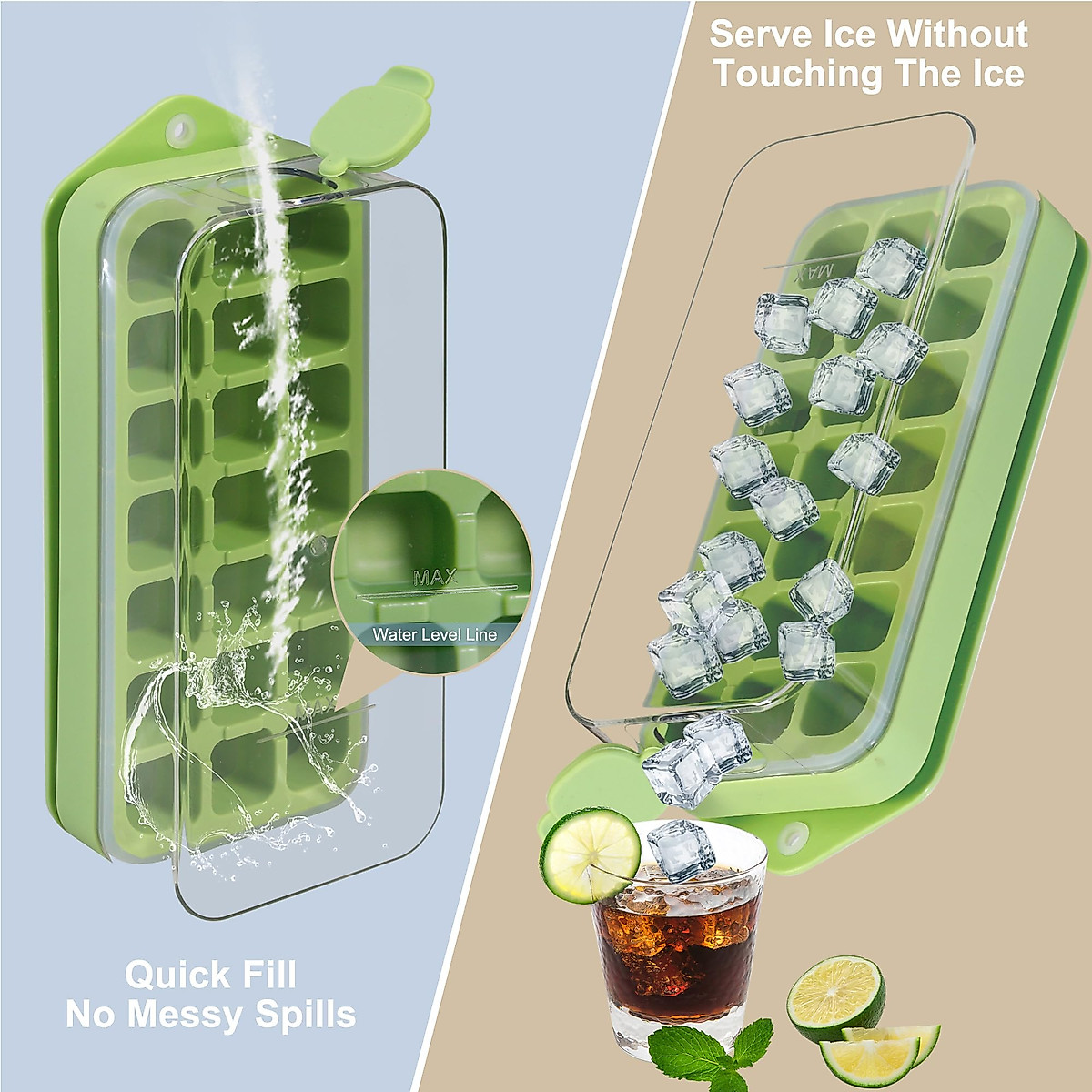 LYDTICK Ice Cube Tray with Lid and Bin, 21 Pcs Ice Cubes Mold for Freezer Easy Release, Quick Filling Without Touching, Green