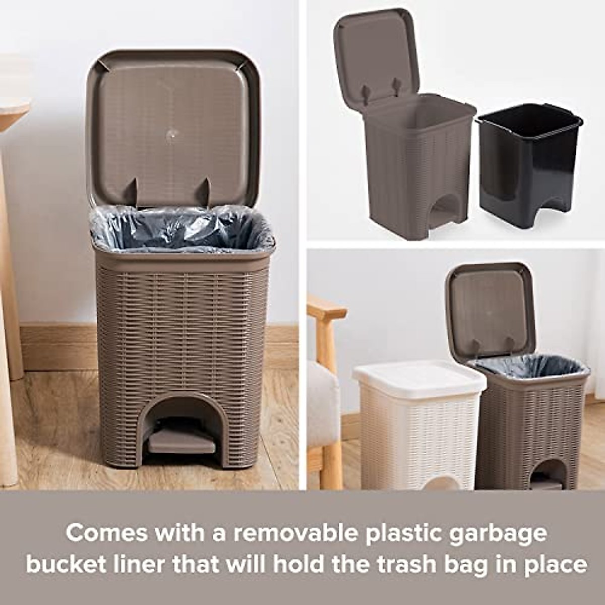 Rattan Style Plastic Garbage Can - Touchless Trash Can with Foot Pedal - Step On Trash Can with Lid - Double Barrel Trash Can for Bathroom - Kitchen Trash Can - Pop Up Trash Bin - 7.8"x12.4" - Brown