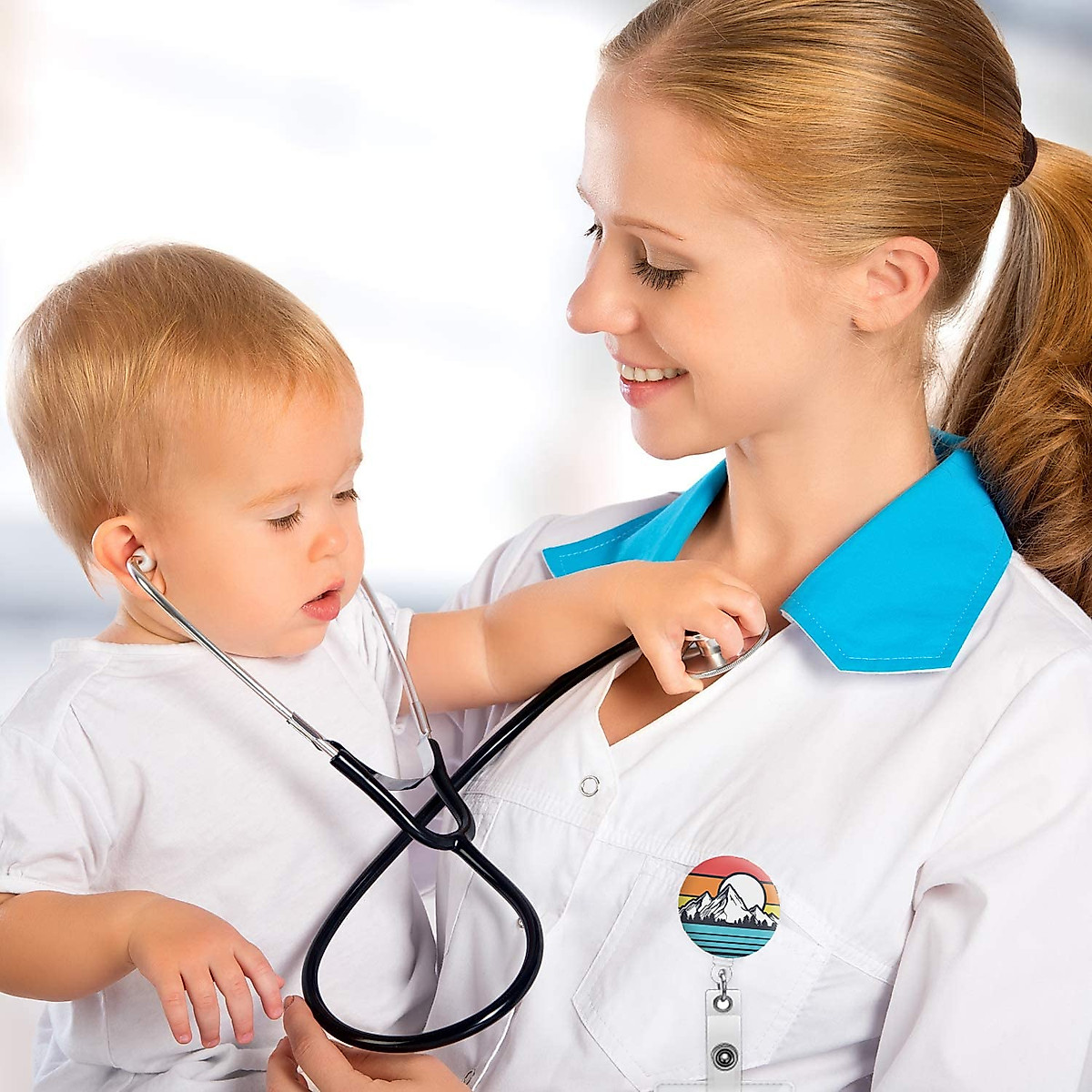 Badge Reel Retractable Nurse Badge Holder Cute Name Decorative Badge Reels with Clip on ID Card Holders (5 Pack Mountain Sky Sun)