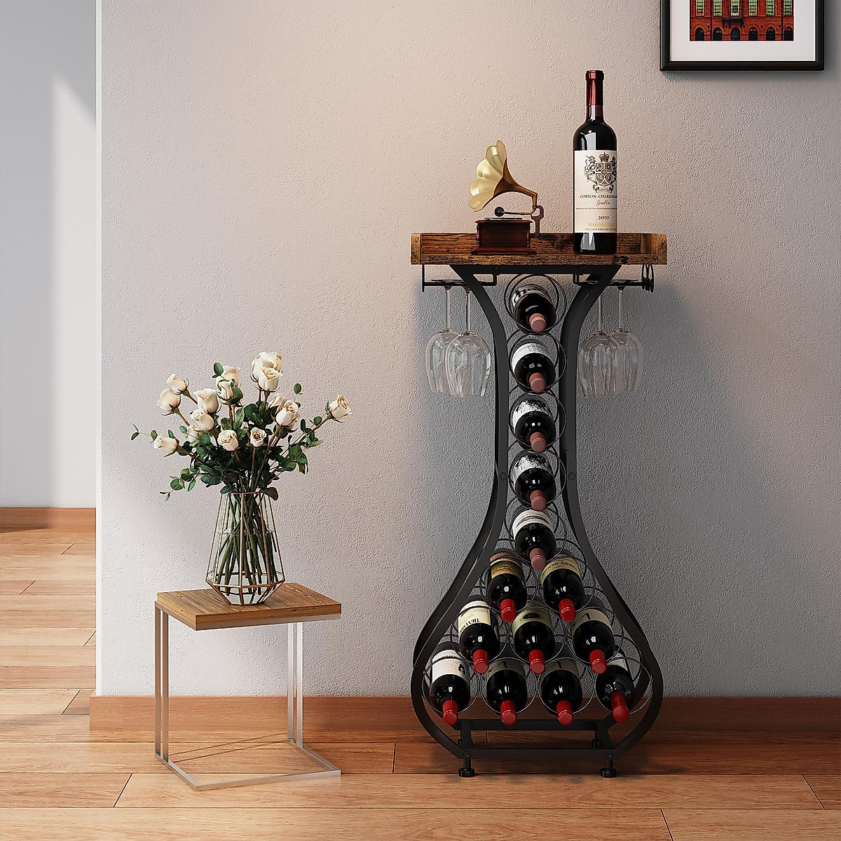 14 Bottles Wine Rack Console Table Freestanding Floor Wine Storage Organizer with Glass Holder Adjustable Feet Wood Top 35.4" H
