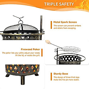 UDPATIO Fire Pit with Grill for Outside 30 Inch Outdoor Wood Burning Firepit Large Steel Firepit with Cooking Swivel BBQ Grill for Backyard Bonfire Patio