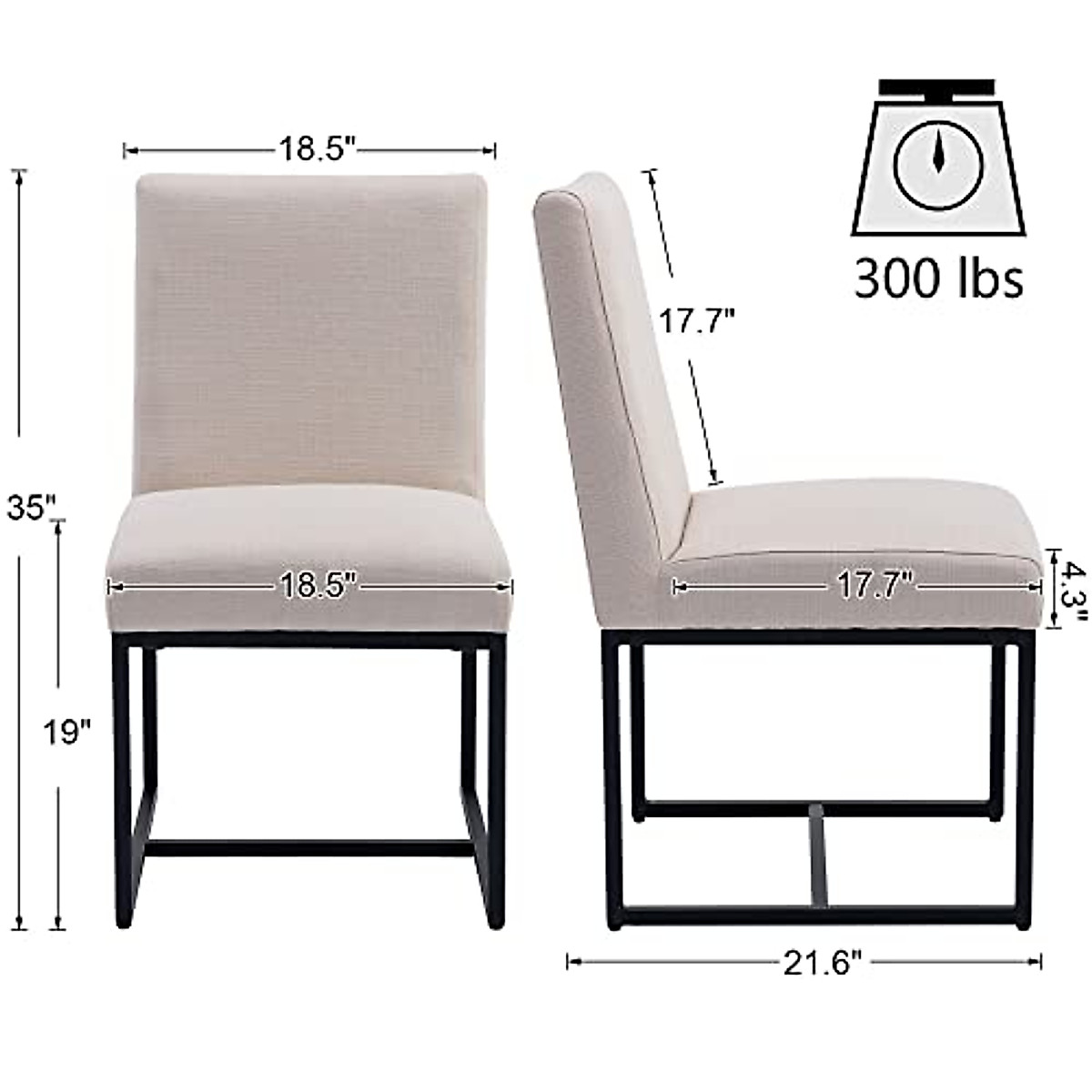VESCASA Linen Upholstered Dining Chairs Set of 2, Mid Century Modern Padded Chair with Black Metal Frame for Restaurant, Dining Room, Kitchen, Cream
