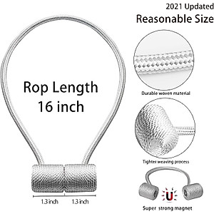 2 Pack Magnetic Curtain Tiebacks, The Most Convenient Drape Tie Backs,European Style Decorative Weave Rope Curtain Holdbacks Holder for Window Sheer Blackout Drapries Office, 16 inch(Silver Grey)