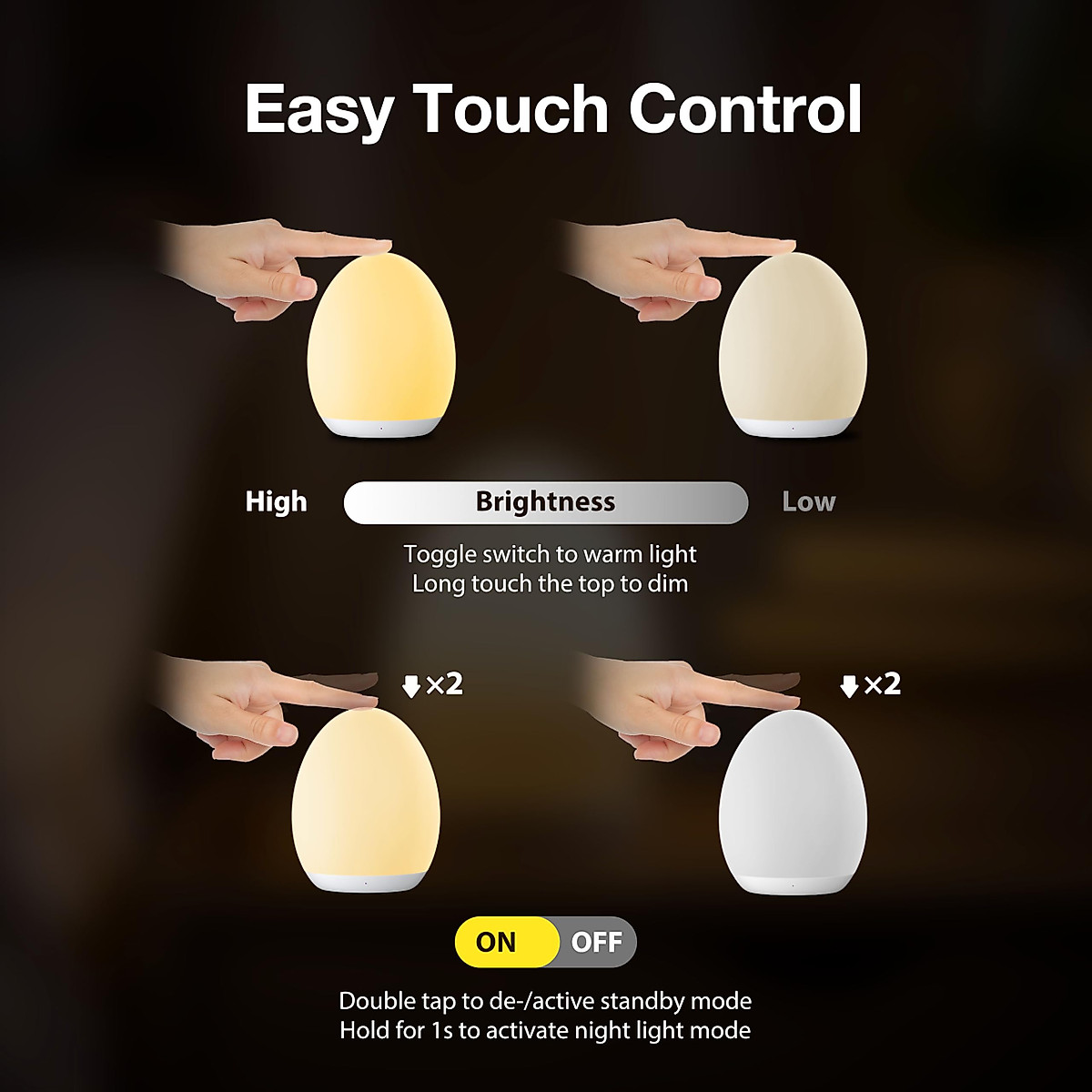 JolyWell Night Light for Kids with 7 Color Changing Mode & Dimming Function, Rechargeable Baby Egg Night Light with 1 Hour Timer&Touch Control, up to 100H, White