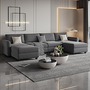 DANNRATCH Modular Sectional Sofa U Shaped Sectional Couch with Reversible Chaise, Sleeper Velvet Modular Couch with Storage Seat for Living Room Furniture Sets Grey