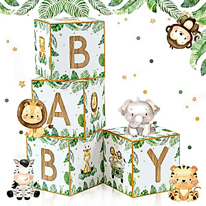 Safari Baby Boxes for Baby Shower Decorations - 4pcs Sage Green Woodland Animal Balloon Boxes ，Safari Baby Shower Decorations for Boy Jungle Birthday Party， Wild One Party Backdrop Decor Supplies