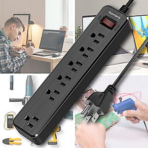 SUPERDANNY 6-Outlet Surge Protector Power Strip, 4.5 Ft Extension Cord, 900 Joules, Overload Switch, Standard Plug, Grounded, Integrated Circuit Breaker, Wall Mount, for Home, Office, Black