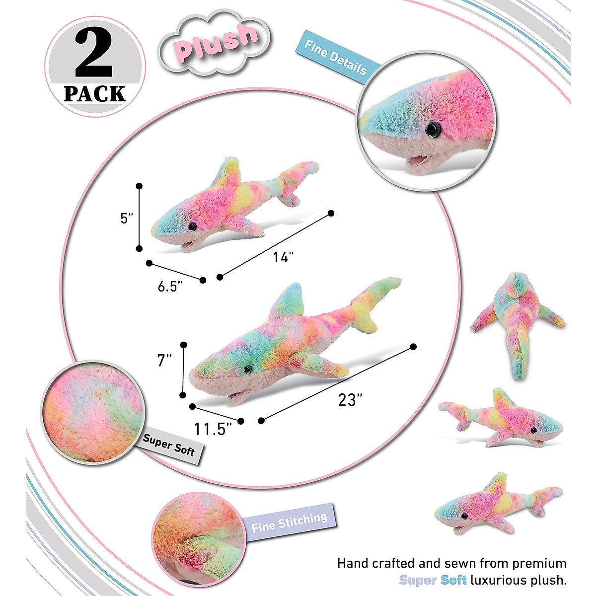 DolliBu Plush Shark Stuffed Toys - Soft Huggable Rainbow Plush Kit, Adorable Sea Animal Plush Toys, Cute Ocean Life Cuddle Gifts Toys for Kids and Adults - 2 Pack