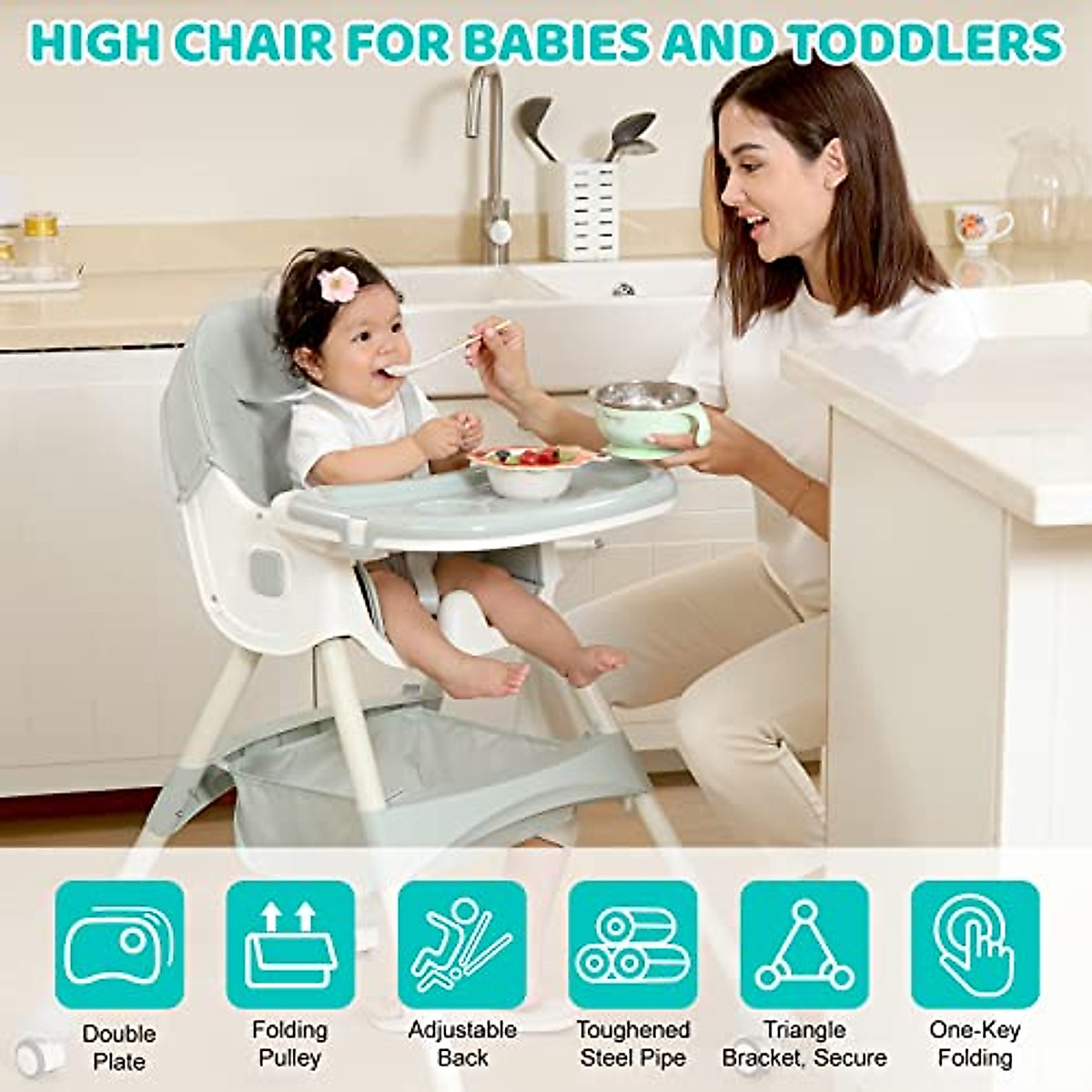 High Chair, MJKSARE Baby High Chair, High Chairs for Babies and Toddlers,Dining Tray & Backrest & Height Adjustable, Five-Point Safety Belt, Non-Slip Foot Pad, Foldable High Chair to Save Space