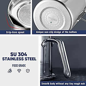 Chihee Grease Container Stainless Steel Bacon Grease Saver with Fine Mesh Strainer 2L / 67.6 fl oz Oil Container Grease Can with Dust-proof Lid Non-slip Tray for Kitchen Storing Frying Cooking Grease