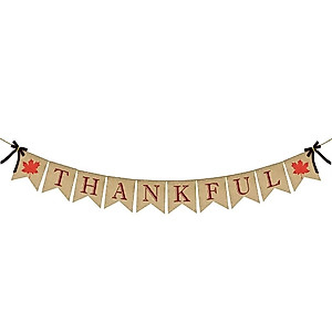 ERKOON Thankful Burlap Banner, Thankful Burlap Wall Banner, Thanksgiving Decor Banner for Harvest Time Thanksgiving Party Decorations
