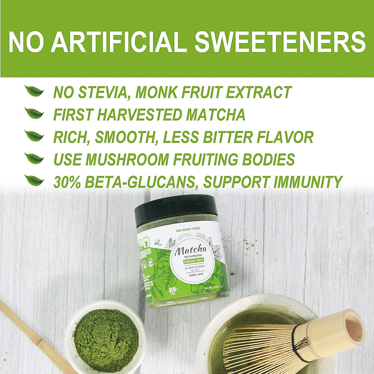 Mushroom Matcha Powder, Unsweetened, Mixed with Six Mushroom Extracts and Ceremonial Grade Matcha Green Tea, 24 Servings