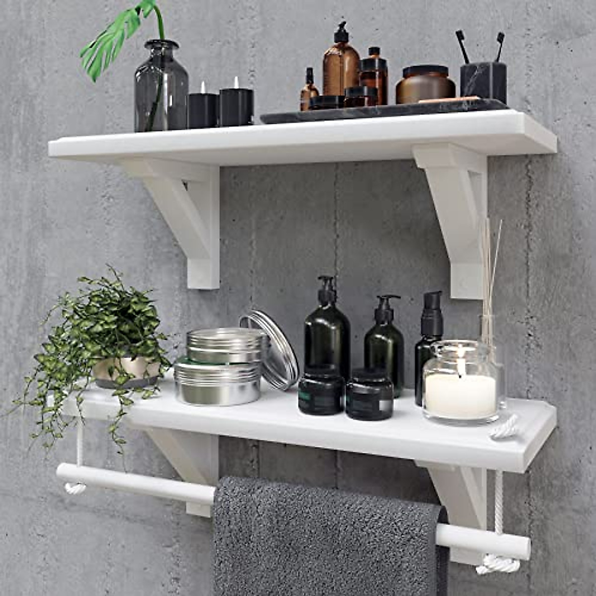 IRON WOOD White Floating Shelves Set of 2 with Towel Bar - Wall Mounted Floating Bathroom Shelves Over Toilet -for Kitchen Living Room - Bookshelf -