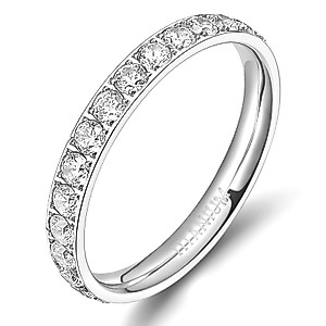 TIGRADE 3mm Women Titanium Engagement Ring Cubic Zirconia Eternity Wedding Band Size 3 to 13.5(Silver, 7)