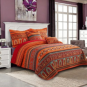 VAPUTAR Cotton Quilt Queen Size Bedding Set - 3 Pieces Queen Quilt Bedding Set, Boho Queen Size Quilts, Lightweight Reversible Coverlets Bedspreads for Farmhouse Bedroom (Red/Orange)