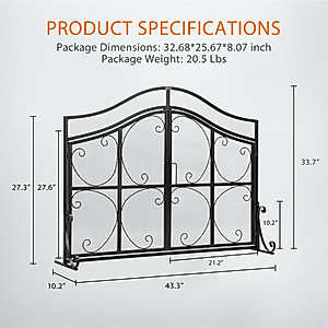 VIVOHOME 43.3 x 34 Inch Wrought Iron Fireplace Screen with Doors Metal Decorative Mesh Fire Spark Large Flat Guard Gate Cover Fireplace Barrier Panels Black