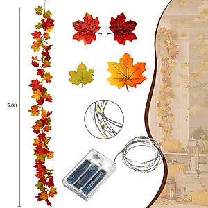 Thanksgiving Maple Leaf Garland Artificial Fall Foliage Garland and 20 LEDs String Light and Happy Fall Burlap Banner Thanksgiving Pumpkin Bunting Flag Garland for Autumn Thanksgiving Window Decor