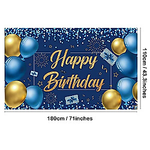 Lovyan Happy Birthday Banner Backdrop Extra Large Fabric Blue Gold Sign Poster Photo Booth Background for Men Women Birthday Anniversary Party Decoration Supplies, 71 x 43.3 Inch (Gift)