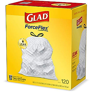 GLAD ForceFlex Tall Drawstring Trash Bags, 13 Gallon White Trash Bags for Tall Kitchen Trash Can, Unscented Leak Protection Bags, 120 Count - Packaging May Vary