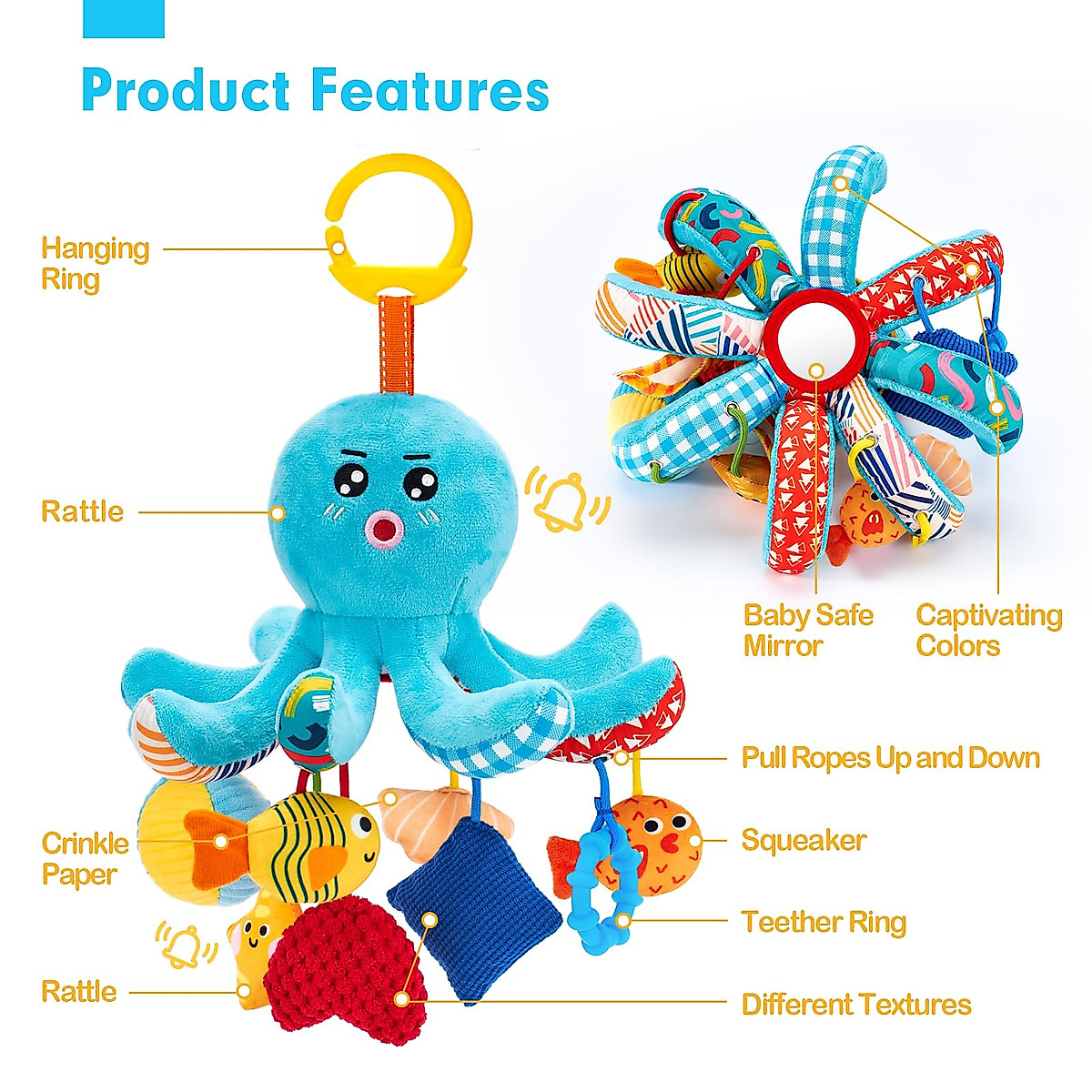 hahaland Baby Toys 0-6 Months - Octopus Toy with Pulling Cords, Squeaky, Crinkle, Rattle, Mirror - Baby Toys 3-6 Months Developmental Newborn Infant Toys - Baby Gifts