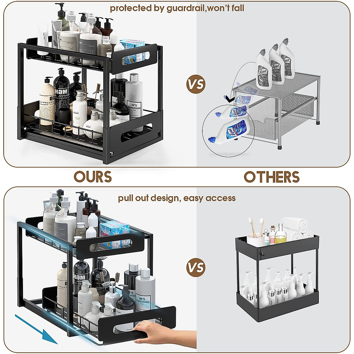 SHCAPENM Under Sink Organizers and Storage, 2 Tiers Bathroom Under Sink Organizers with Sliding Drawer Under Cabinet Basket Organizer Black for Bathroom Kitchen Countertop