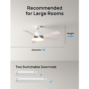 Dreo Smart Ceiling Fan with Lights, 52 Inch, 12 Speeds & 3 Fan Modes, Stepless Color Tones, Dimmable LED Light, 12H Timer, Quiet DC Motor, Remote/APP/Alexa Control, White Ceiling Fans Indoor