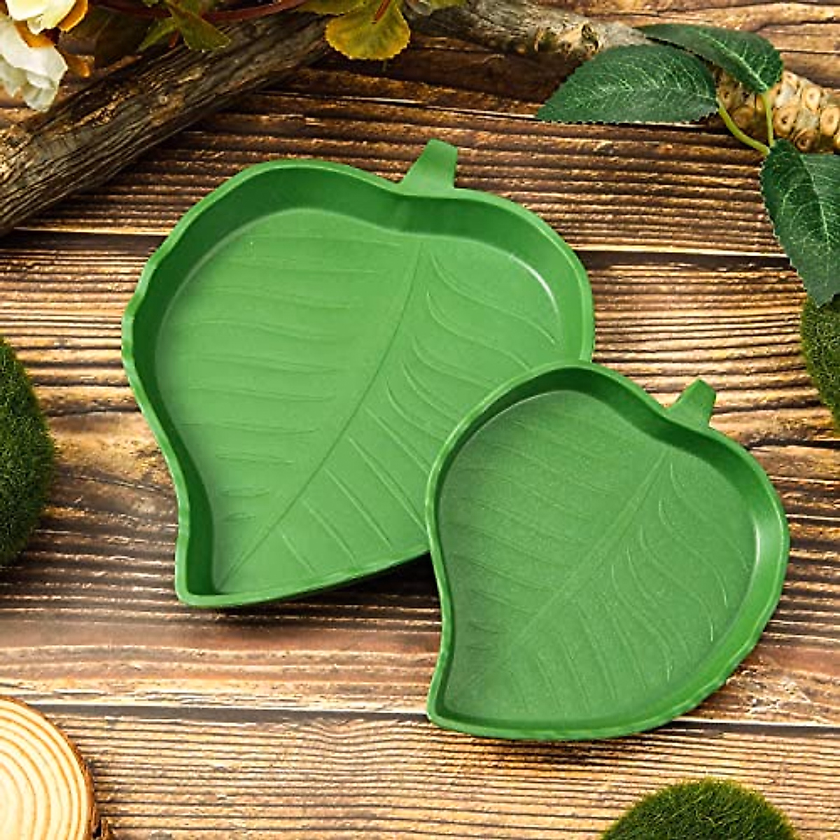 2 Pieces Leaf Reptile Food Water Bowl Plate Dish for Tortoise Corn Snake Crawl Pet Drinking and Eating, 2 Sizes