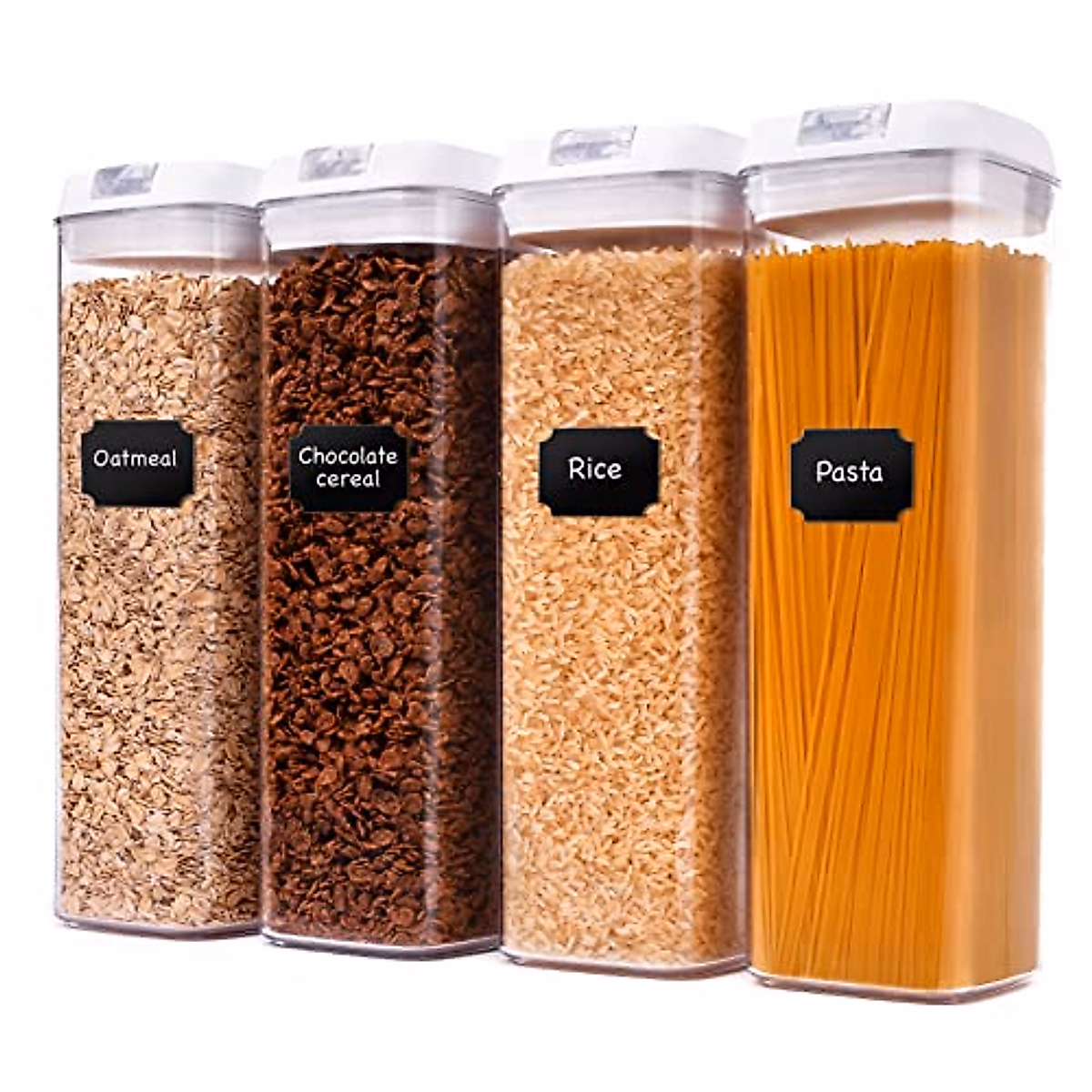 Cheer Collection One Size Airtight Food Storage Containers - Set of 4 IDENTICAL 65 oz Pantry Organizer Bins plus Marker and Labels - White lids