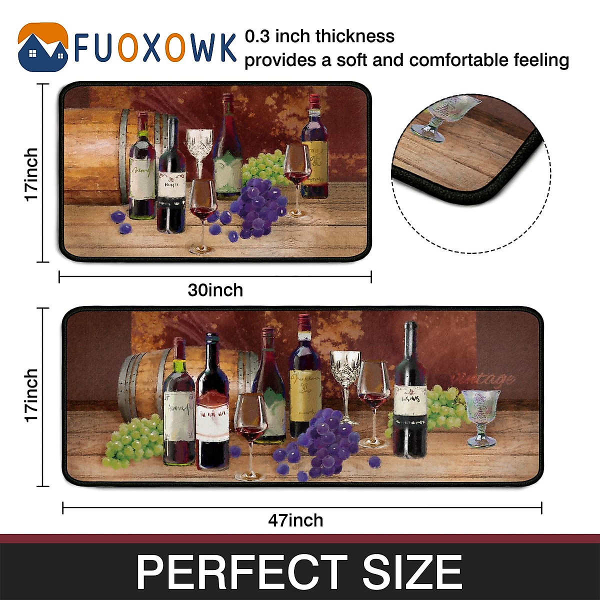 Kitchen Rugs and Mats Non Skid Washable-Fuoxowk Wine Decor Themed Kitchen Mat and Rug Set,Floor Cushion Waterproof Rug,Rubber Backed Area Rugs for Kitchen Sink,Laundry Room,Indoor Floor,Brown Burgundy