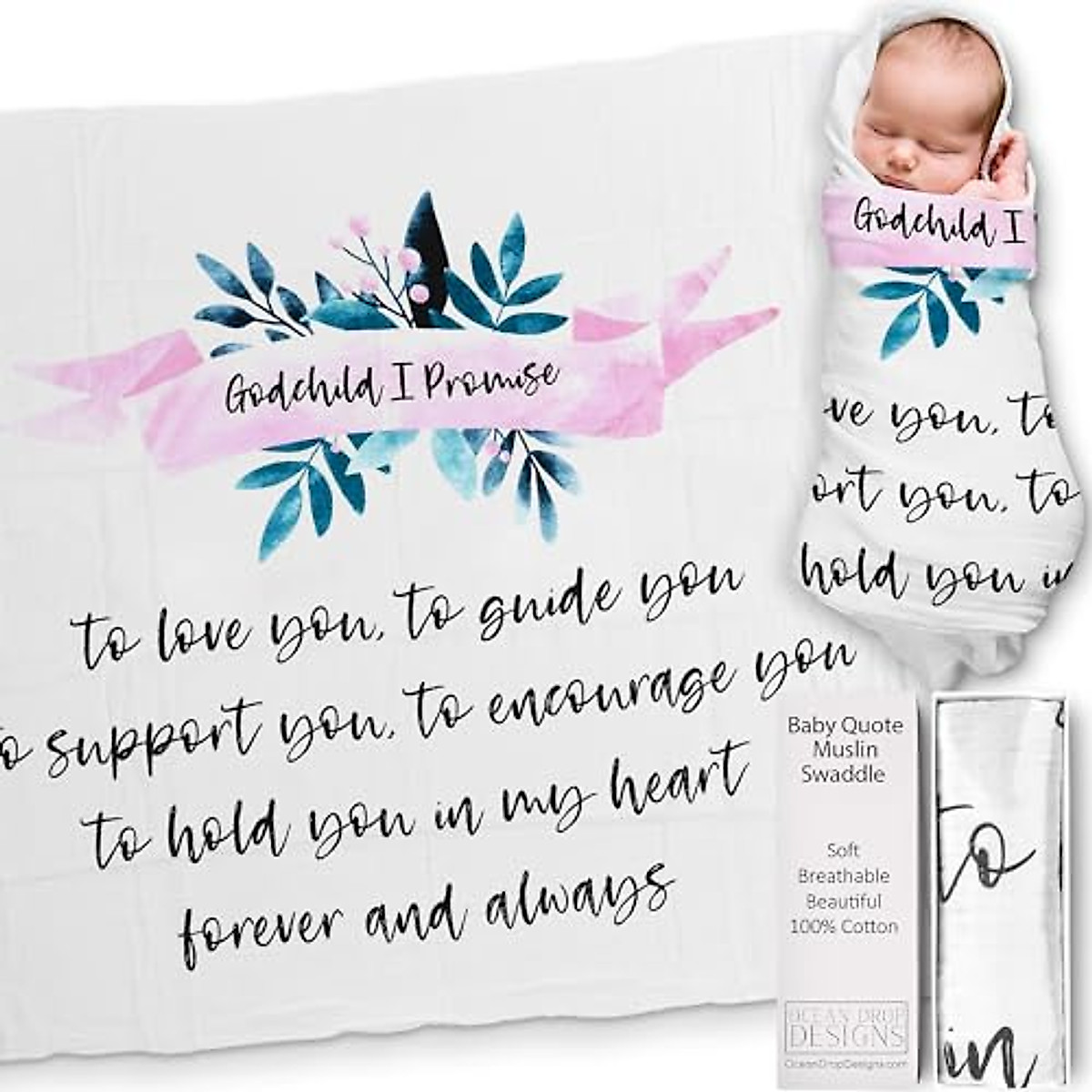 Ocean Drop Designs 100% Cotton Baby Blanket - Muslin Swaddle Blankets, Baby Swaddle, Newborn Swaddle, Receiving Blankets, Gender Neutral Baby Gift, Christian Baby Gifts, Baptism Gifts for Boys & Girls