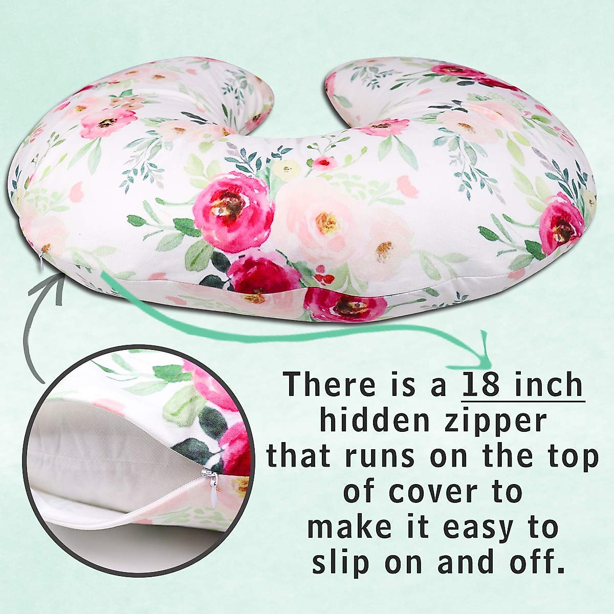 Floral Nursing Pillow Cover & Carseat Cover Set, Breastfeeding Pillow Slipcover & Car Seat Canopies for Baby Boys & Girls, Nursing Pillow Case & Stroller Covers for Newborn, Soft Fabric Fits Snug On I