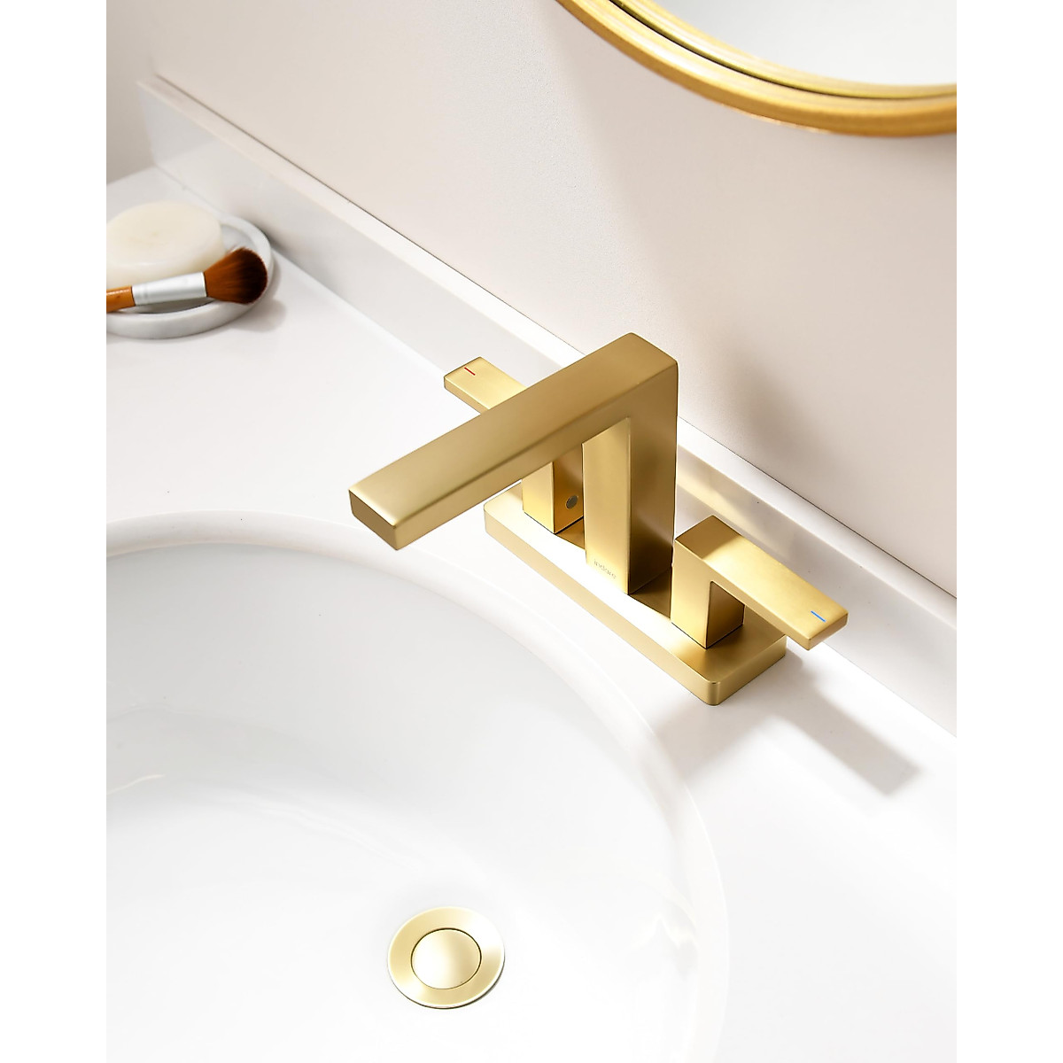 INDARE 2 Handle Centerset Bathroom Faucet， Gold Bathroom Faucets for Sink 3 Hole， 4-Inch Bathroom Sink Faucet， Bathroom Faucets with Pop-Up Drain & Supply Lines， Brushed Gold，110107-BG-1