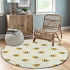 Soft Round Area Rug Cute Honeybee Bee Light Yellow for Bedroom, Circle Rug for Nursery Room, Carpet Floor Mat for Living Room, Dorm Home Decor, Easy to Clean
