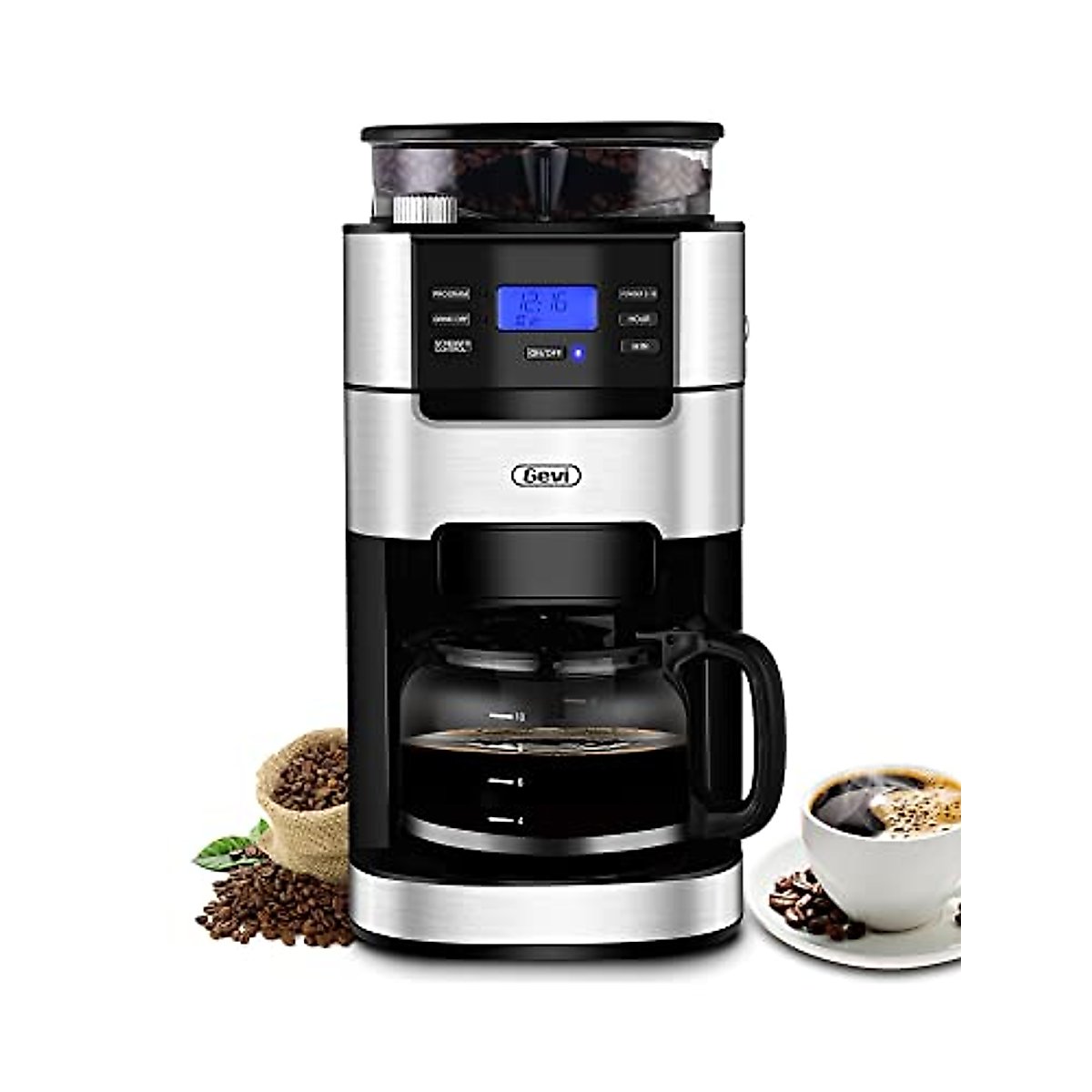 10-Cup Drip Coffee Maker, Brew Automatic Coffee Machine with Built-In Burr Coffee Grinder, Programmable Timer Mode and Keep Warm Plate, 1.5L Large Capacity Water Tank, Removable Filter Basket, 900W