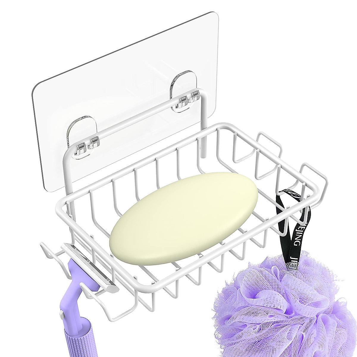 Nieifi Bar Soap Holder for Shower Wall with 4 Hooks, Stainless Steel Adhesive Soap Dish for Bathroom, White