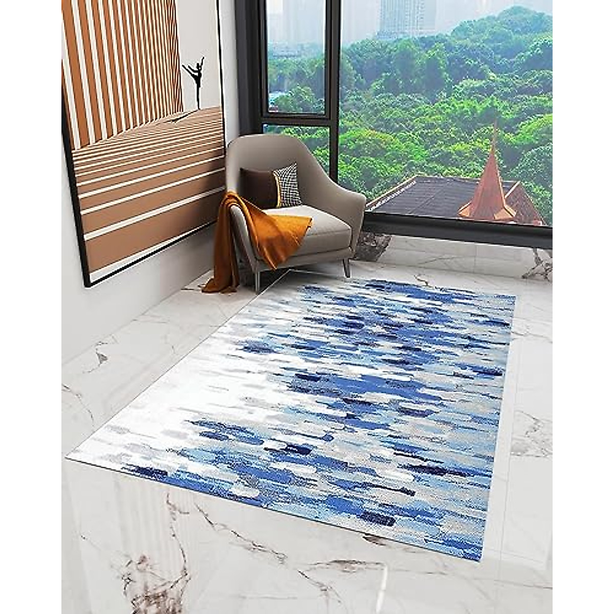 Contemporary Blue Large Rectangular Area Rugs 5' x 7' Living Room, Abstract Rustic Painting Art Durable Non Slip Rug Carpet Floor Mat for Bedroom Bedside Outdoor