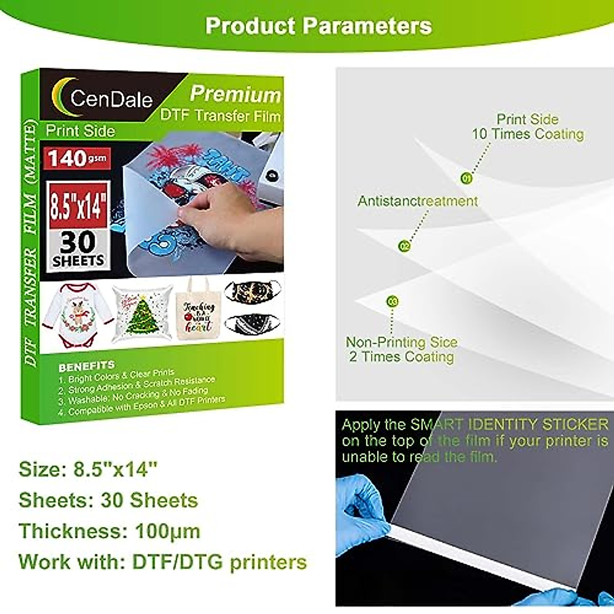 CenDale DTF Transfer Film 8.5"x14" - 30 Sheets Premium Thick Double Sided DTF Film for Sublimation Hack, Direct to Film Printing on Dark and Light T-shirts, Cold & Hot Peel DTF Paper, 140gsm Matte