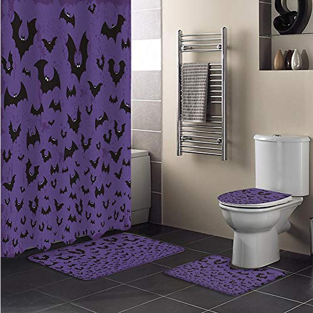 Halloween Scene 4 PCS Shower Curtain Sets, Shower Curtains with Plastic Hooks, Anti-Skid Rugs, Toilet Lid Cover and Soft Bath Mat, for Bathroom Decor Set Flock of Bats Silhouette Purple Style