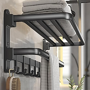 Noffeelink 24 Inch Towel Rack, Shower Towel Rack with Shelf, Towel Shelf for Bathroom, Bathroom Towel Rack with Hooks, Wall Mount Towel Rack No Drill and Screw Mounting (Black)