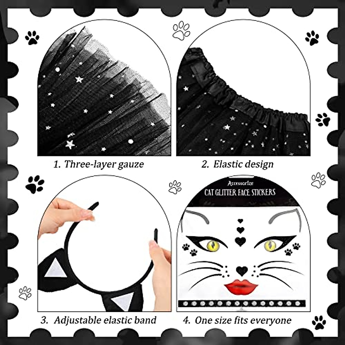 Newcotte 5 Pcs Black Cat Costume Set Cat Ears Tail Bowtie Sequined Tutu and Cat Face Sticker for Kids Halloween Dress up (Black)
