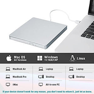 ROOFULL External CD/DVD Drive, CD Burner USB 3.0 Portable CD-ROM DVD+/-RW Disc Player Burner Reader Writer Optical Drive for Apple Mac MacBook Pro/Air, Windows 11/10 Laptop PC, Silver