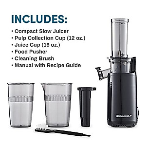 Elite Gourmet EJX600 Compact Small Space-Saving Masticating Slow Juicer, Cold Press Juice Extractor, Nutrient and Vitamin Dense, Easy to Clean, 16 oz Juice Cup, Charcoal Grey