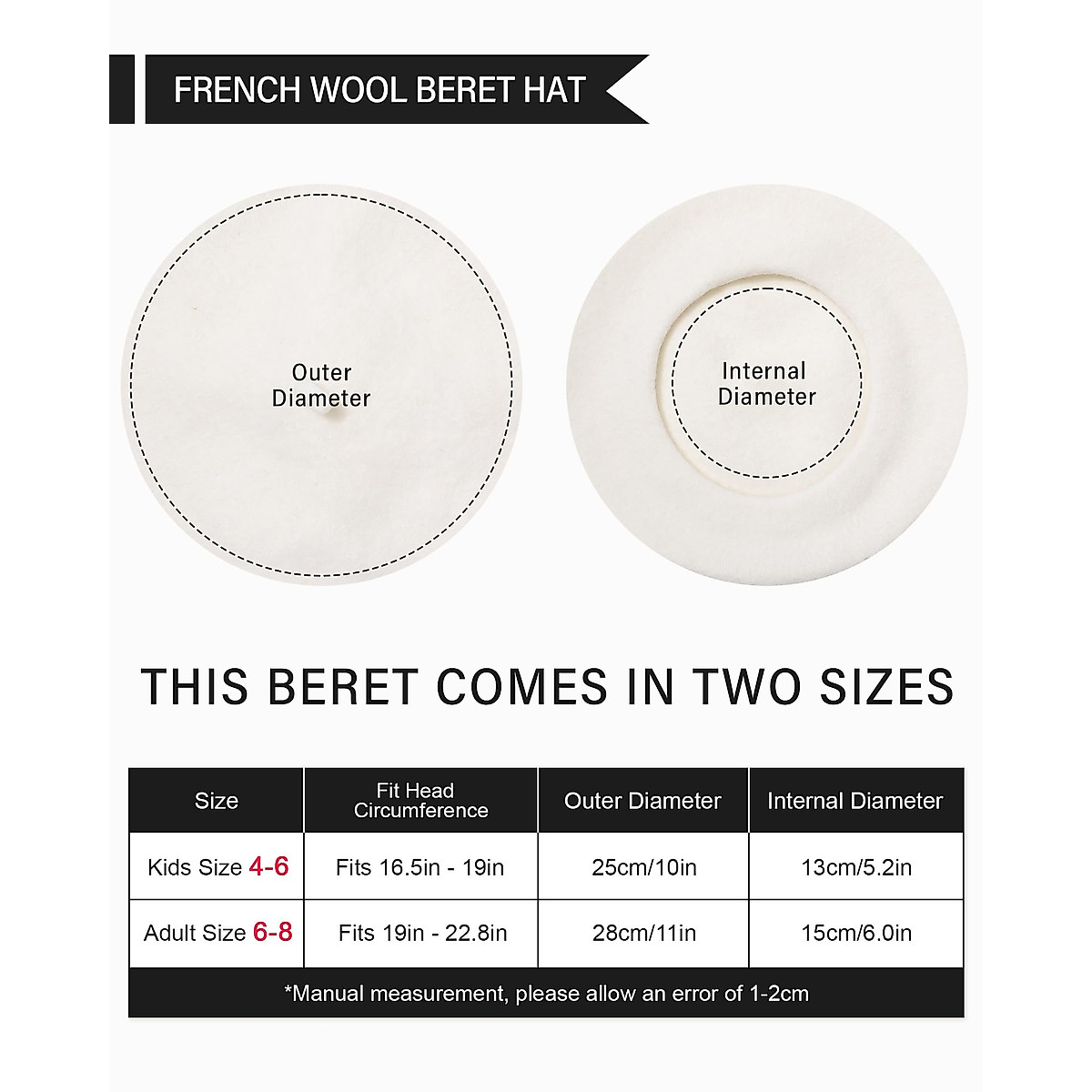 AWAYTR Wool French Beret Hats - Solid Color Artist Beret Hat for Women and Kids (White,Adult)