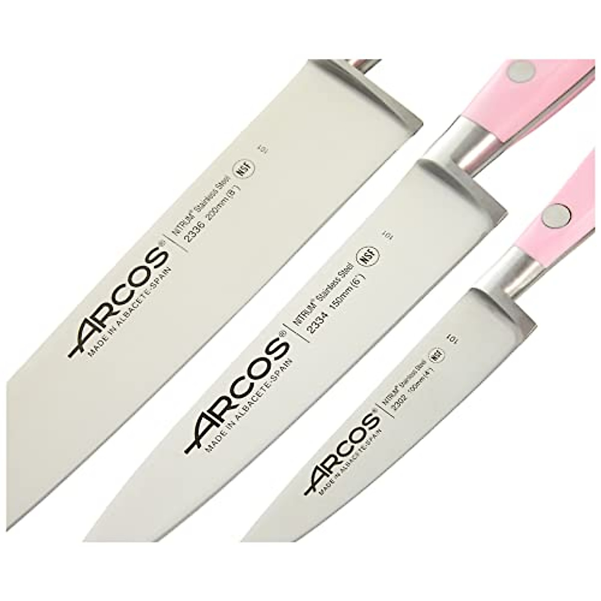 ARCOS Forged Professional Kitchen Knives Set. 3 Cooking Knives for Cutting and Peeling Food. Ergonomic Polyoxymethylene Handle. Series Riviera. Color Rose