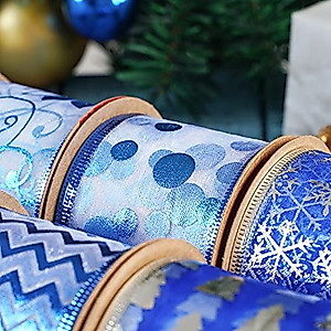 MEEDEE Christmas Ribbon 2.5 Inch 6 Rolls 36 Yards Royal Blue Wired Ribbon Bulk Silver Blue Christmas Tree Decoration Ribbon Perfect for Gift Wrapping Tree Garland Topper Swag Wreath Bow Lantern Decor