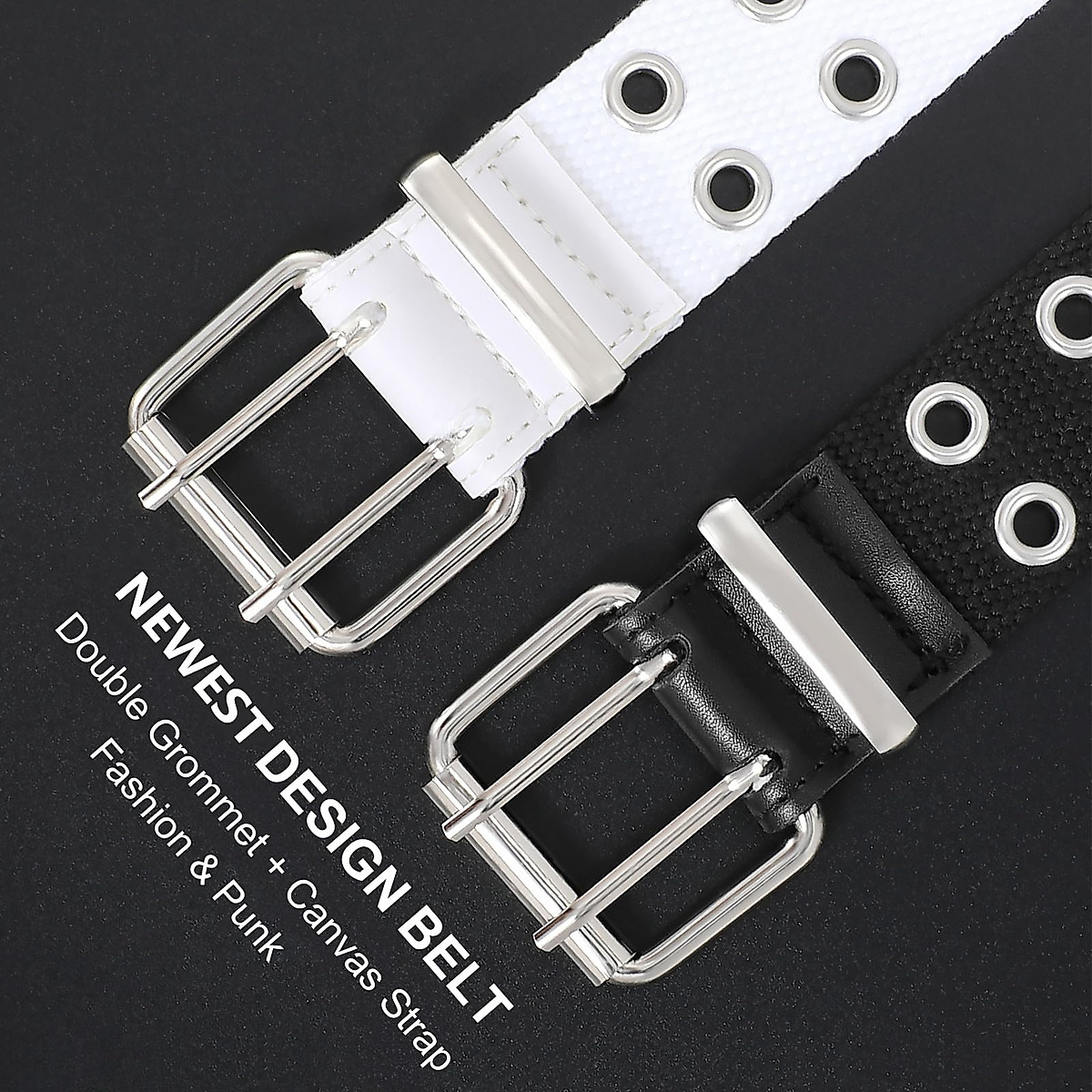 XZQTIVE Double Grommet Belt for Women Men Punk Rock Nylon Belt Jeans 2 Hole Belts(01-Black, Fit Pants 36-41inch)